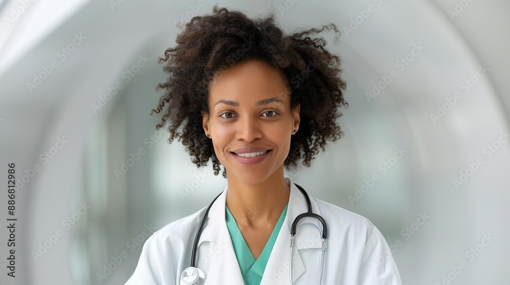 African doctor smiling while explaining a diagnosis to a patient in a ...