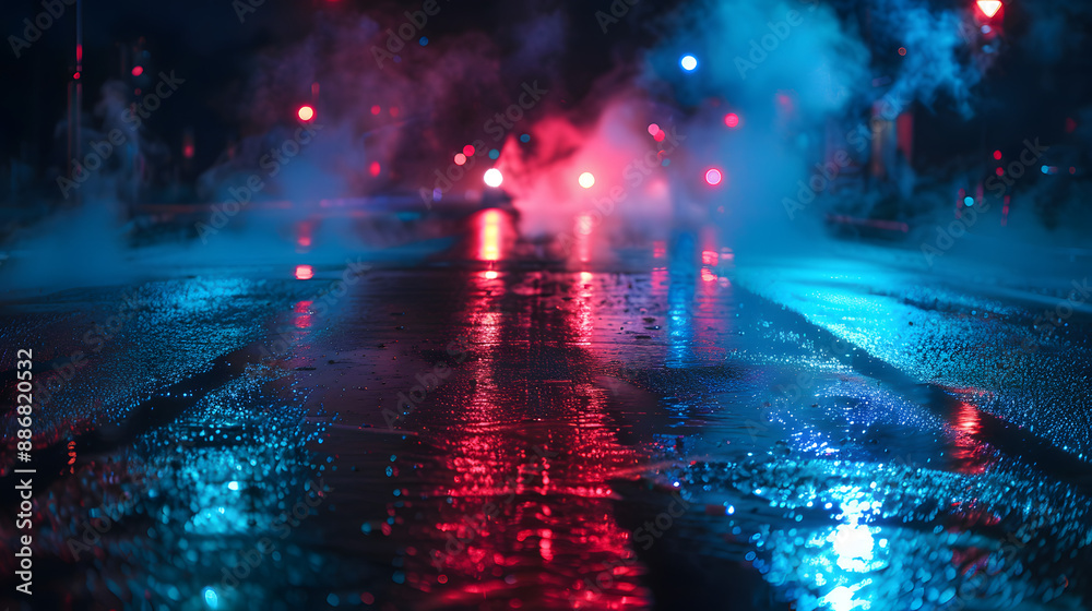 Atmospheric night scene with fog and colorful reflections of street ...