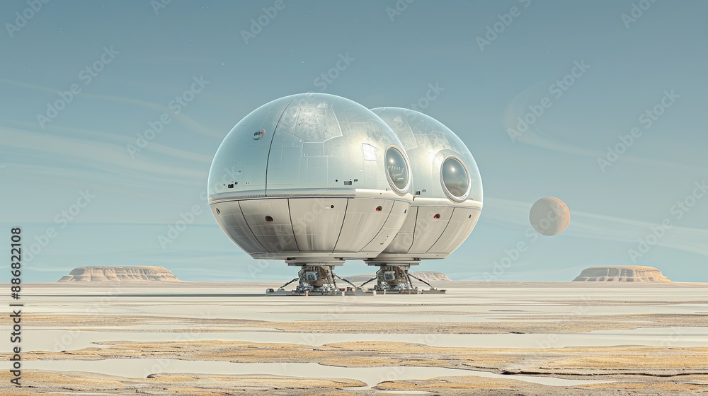 Sci-fi scene of a space station orbiting a habitable moon, with domed ...