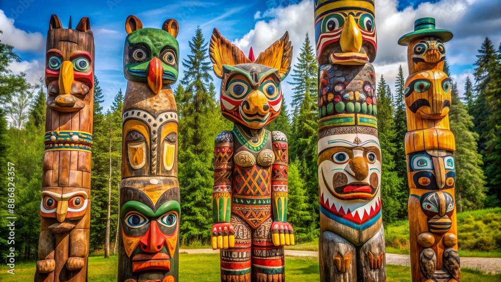 Five Colorful Totem Poles Standing Tall in a Forest, Photography, Totem ...