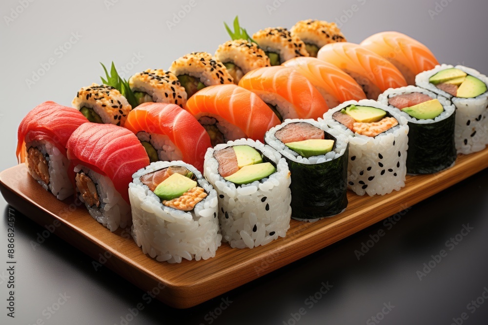 Large set of different types of maki sushi on a neutral light ...