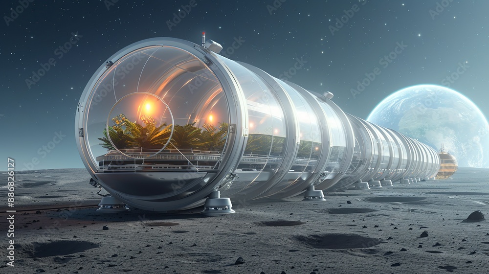 Lunar colony with biodomes and solar farms, under a starry sky with ...