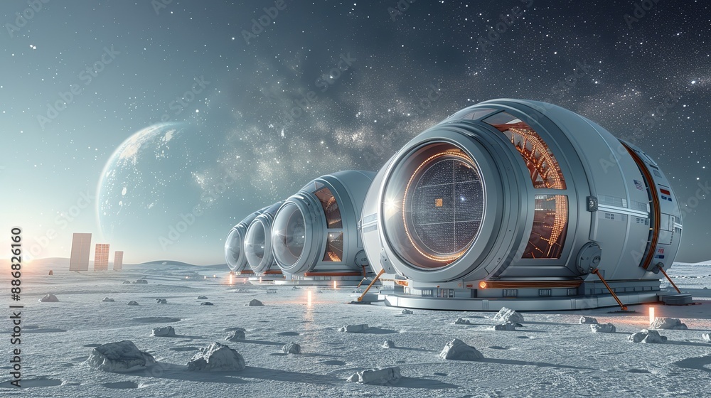 Lunar colony with biodomes and solar farms, under a starry sky with ...