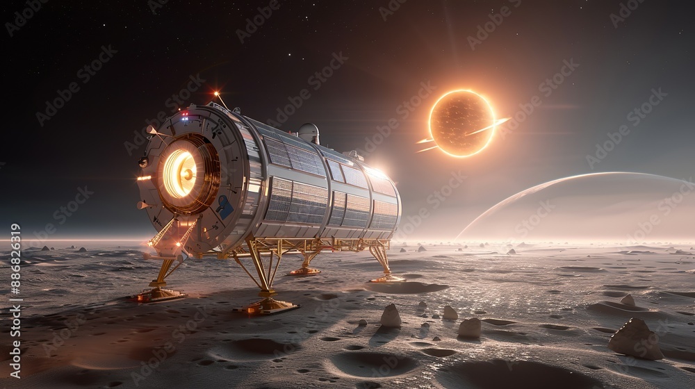 Space habitat orbiting a dwarf planet, with solar panels and modular ...