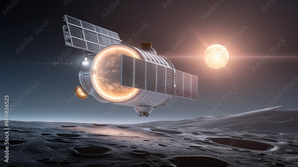Space habitat orbiting a dwarf planet, with solar panels and modular ...
