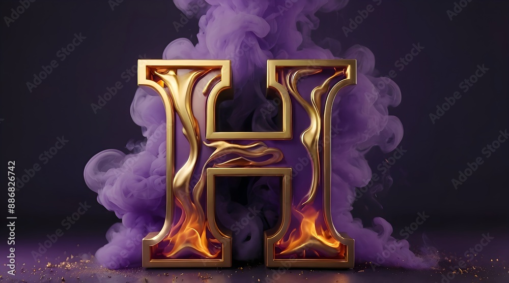 The letter H in 3D, in gold color, it's on fire, there are fire flames ...