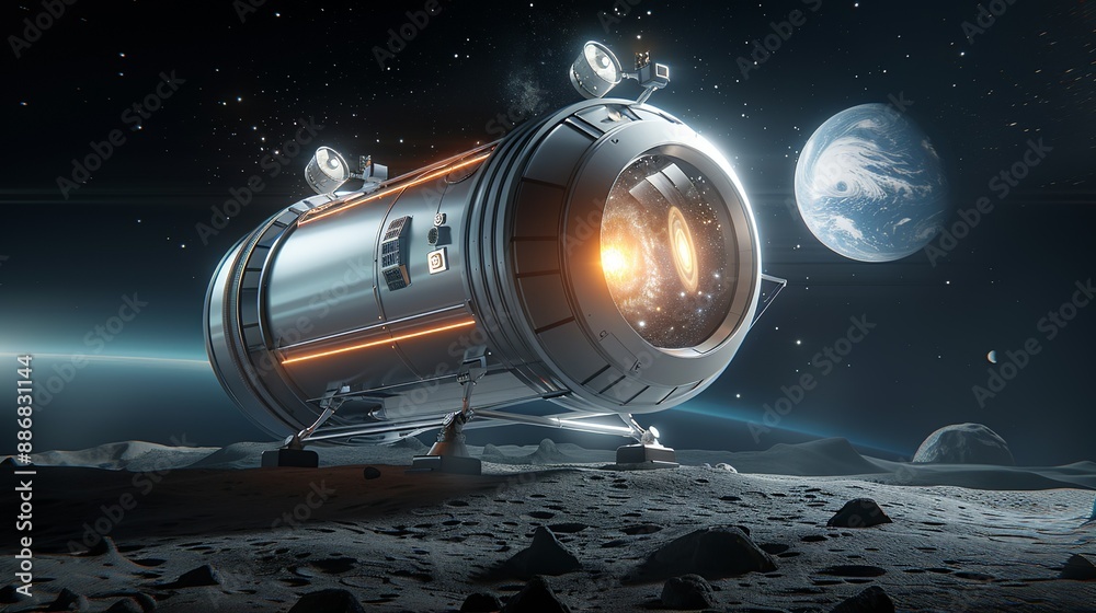 Astronomical observatory on a remote asteroid, with telescopes pointed ...