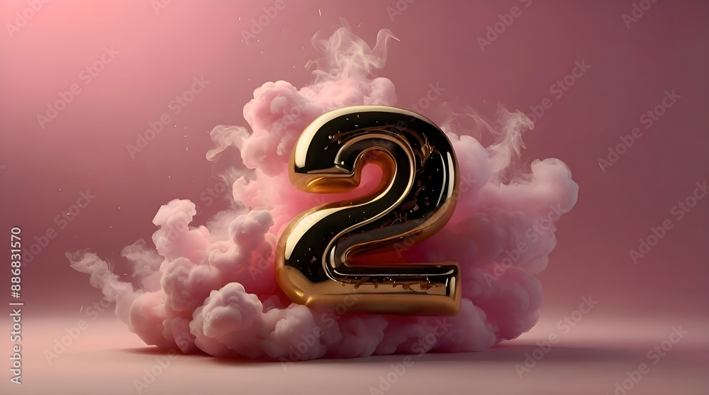 The number 2 in 3D, in gold color, it's on fire, there are yellow fire ...