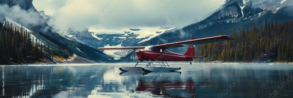 Red biplane flies over mountain range with gray peaks. Plane engines ...