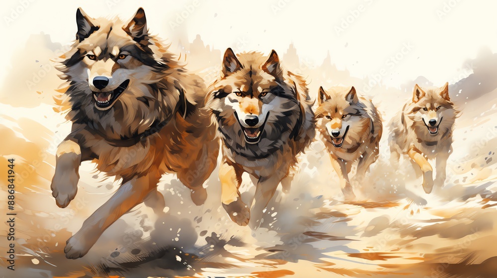 Watercolor painting of 23 wolves energetically running in a pack, sandy ...