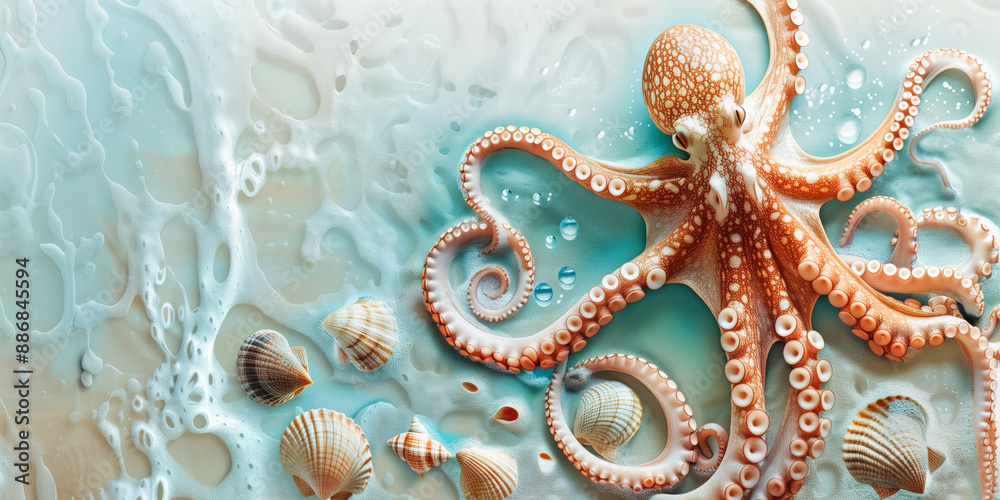 Octopus with orange tentacles and shells on a textured ocean surface ...