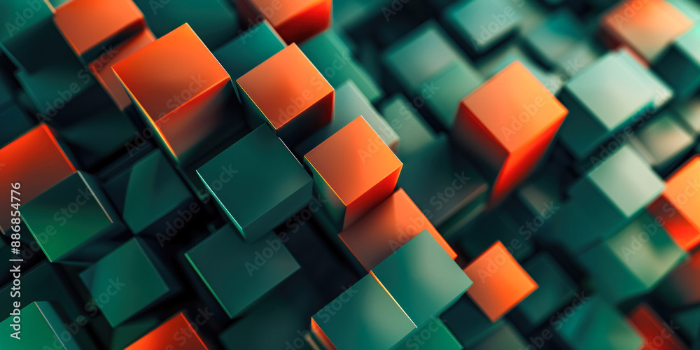 Abstract 3D geometric cubes in green and orange creating a dynamic and ...