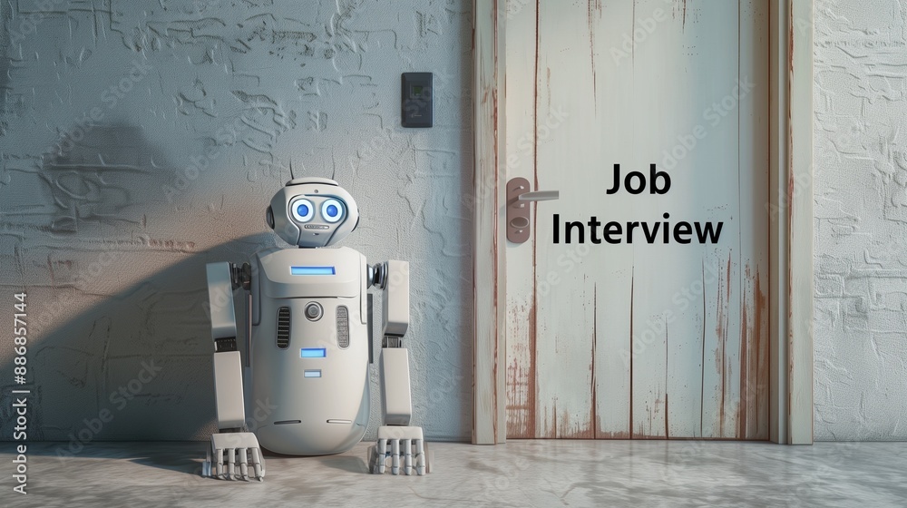 A robot stands by a door labeled Job Interview, symbolizing the rise of ...