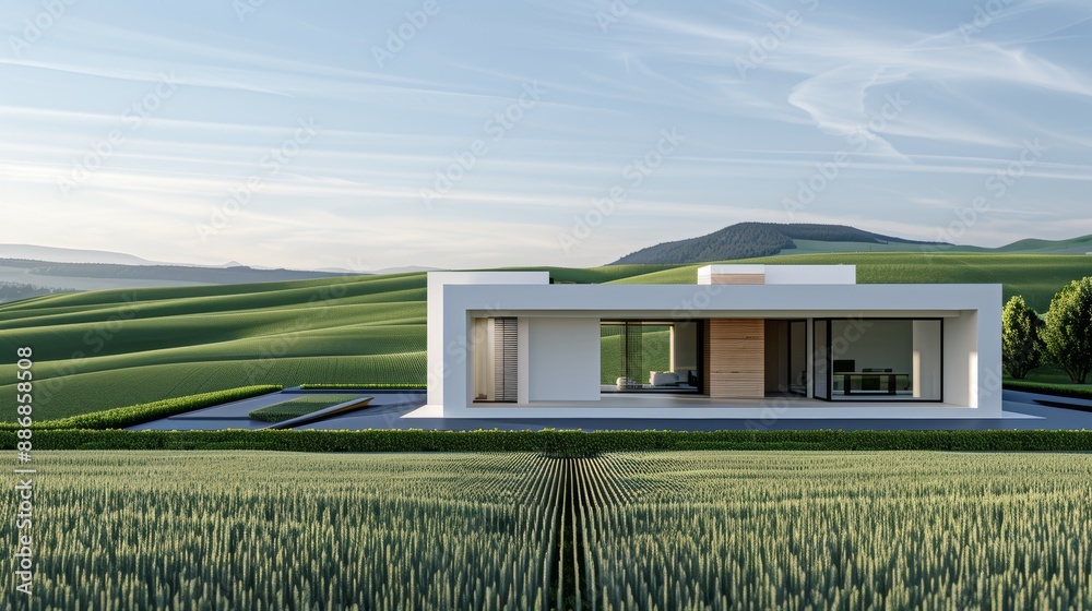 A modern farmhouse blueprint with a 3D model, amidst rolling hills and ...
