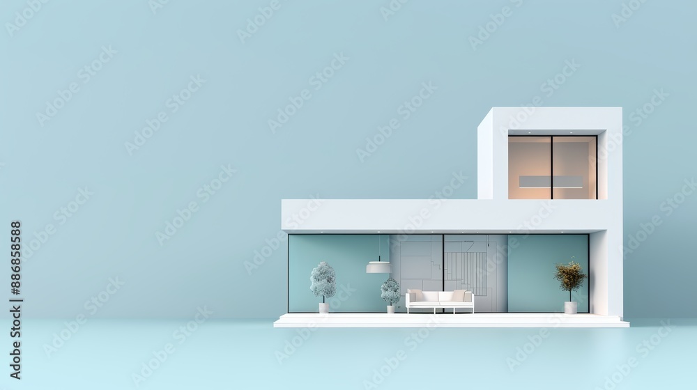 A modern house design with a detailed blueprint overlay, set against a ...