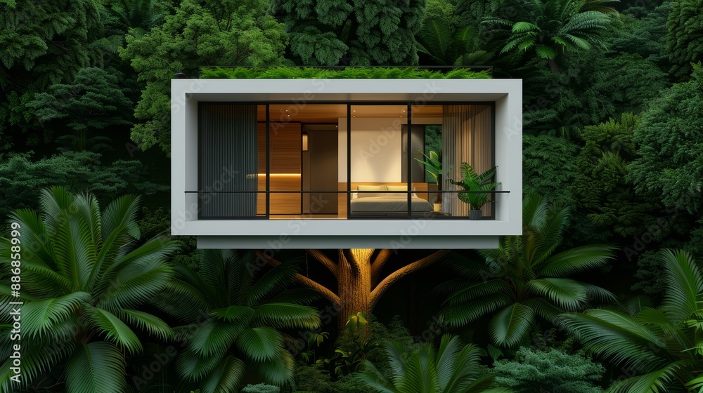 A modern treehouse design with floor plans, set against a dense jungle ...