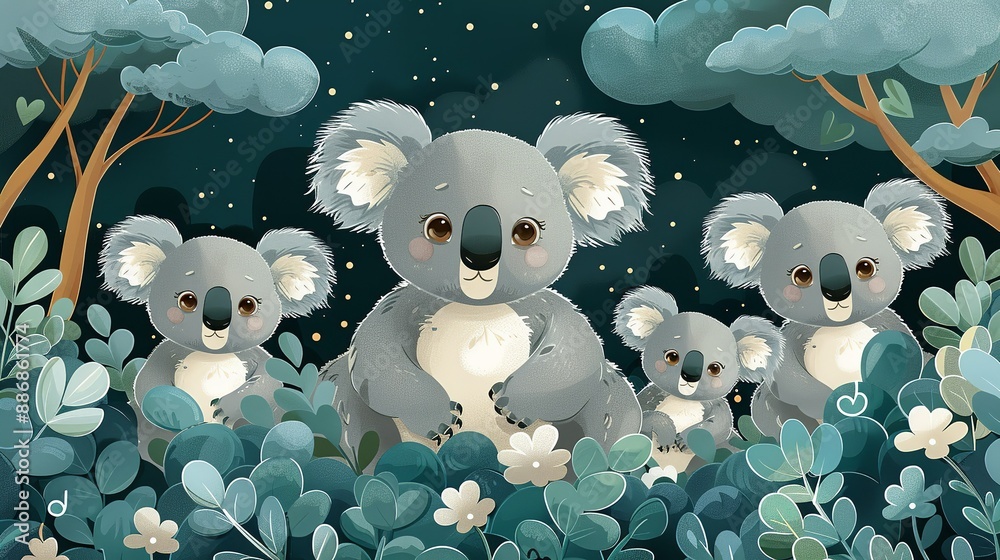 Cute illustration of a family of koalas nestled in eucalyptus trees ...