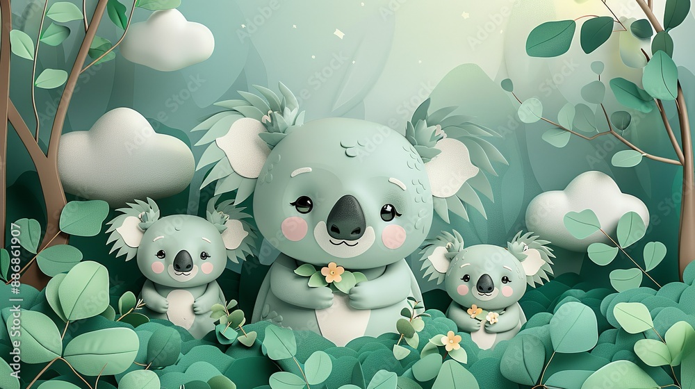 Cute illustration of a family of koalas nestled in eucalyptus trees ...