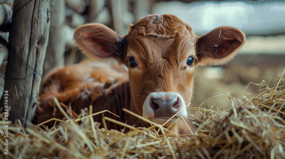 Calf cow in cage caring on bio farm farming feed hay grass silage pets dairy cattle breeds ...
