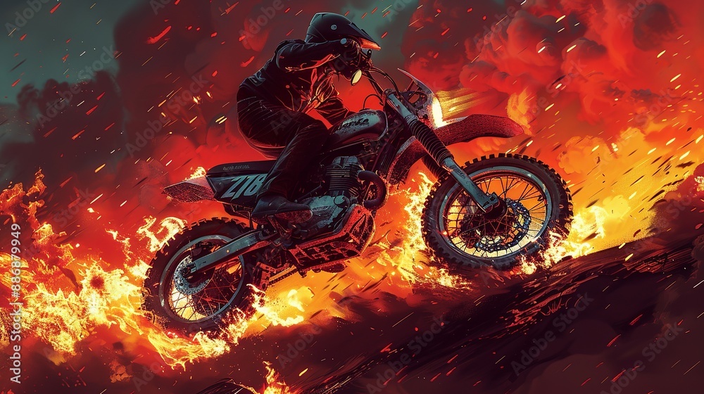 High-octane illustration of a motorcycle stunt rider jumping over ...