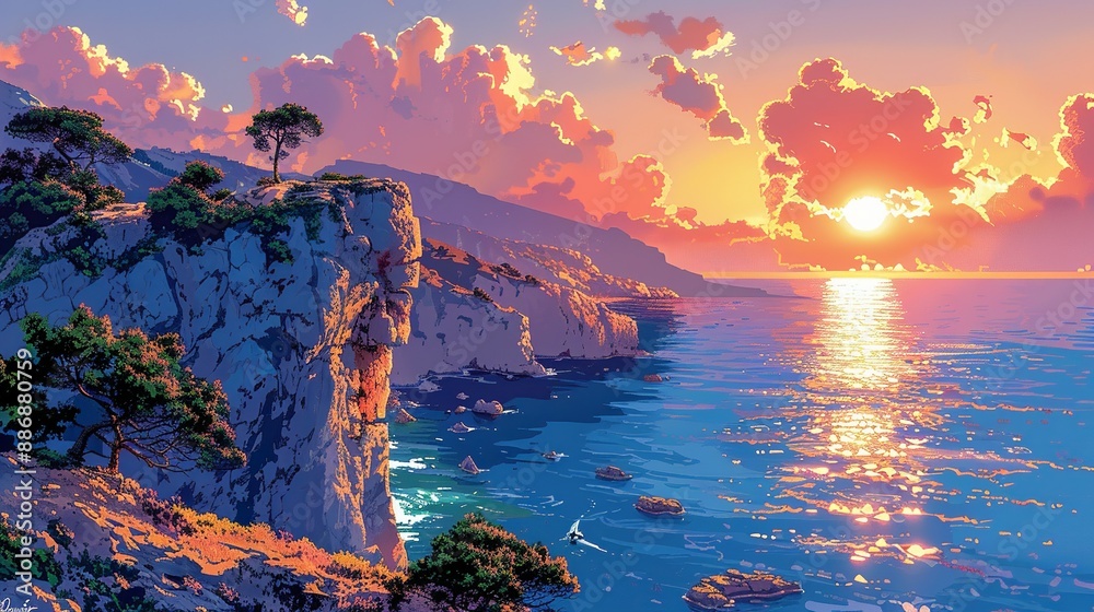 Dynamic artwork of a stunt double jumping off a cliff into water ...