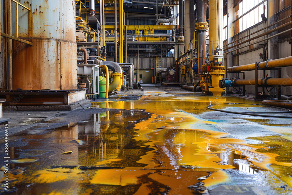 Chemical spill in a factory, with hazardous materials spilling toxic ...