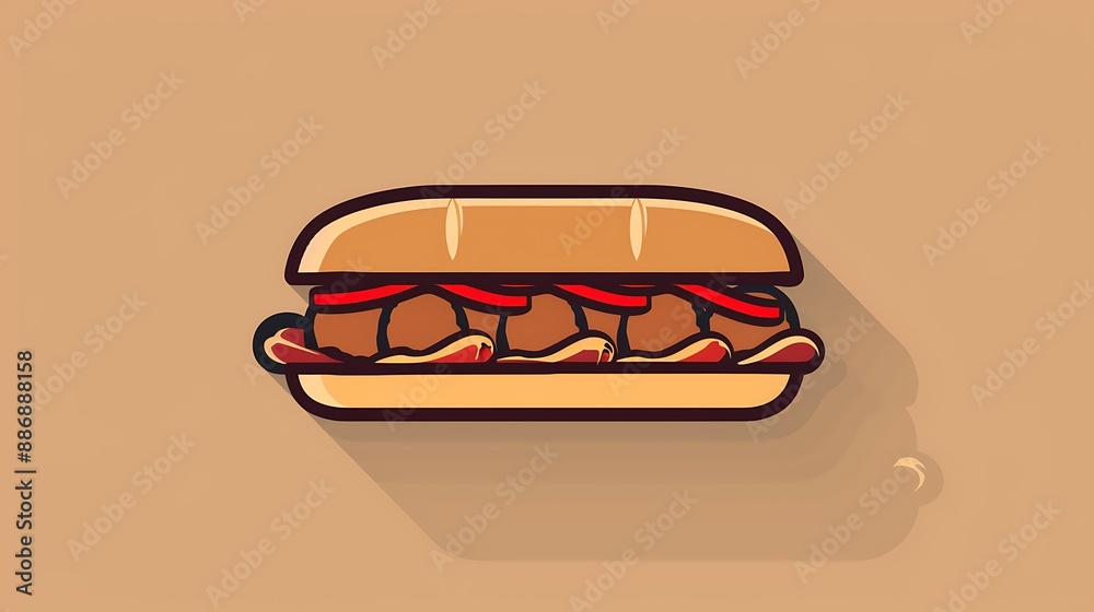 Clean linear icon of a meatball sub, in rich brown and red. Simple ...