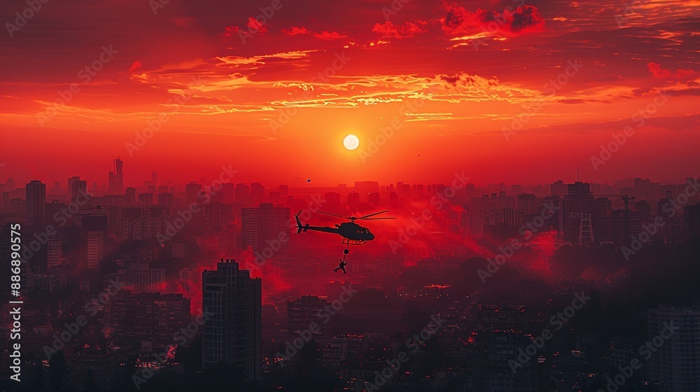 Cinematic scene of a stunt performer parachuting from a helicopter onto ...