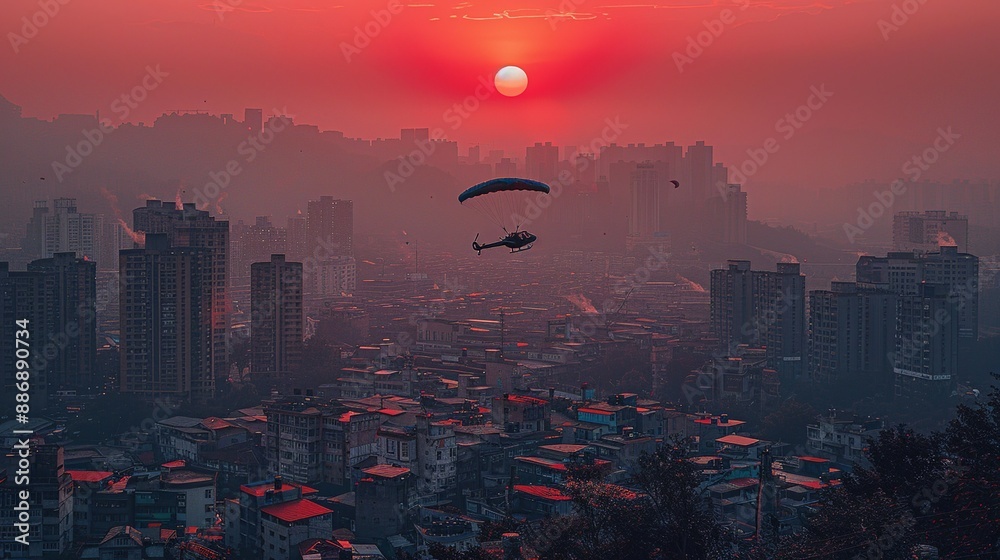 Cinematic scene of a stunt performer parachuting from a helicopter onto ...