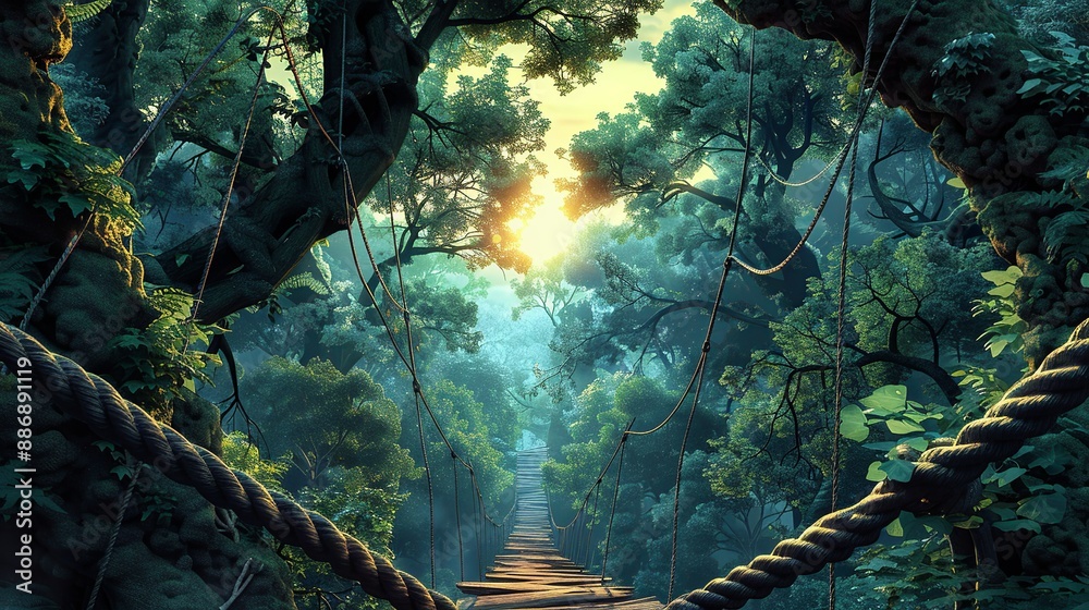 Tense scene of a stunt performer navigating through a forest obstacle ...