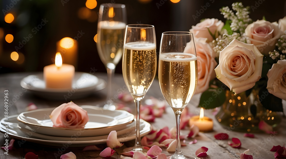 Romantic candlelight dinner table setup for couple with beautiful light ...