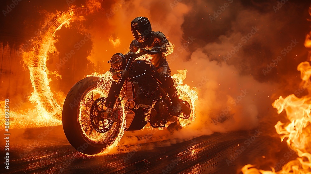 Thrilling moment of a stunt performer riding a motorcycle through a ...