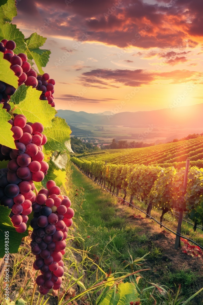 Vineyard sunset landscape with rolling hills, green vines, warm orange ...