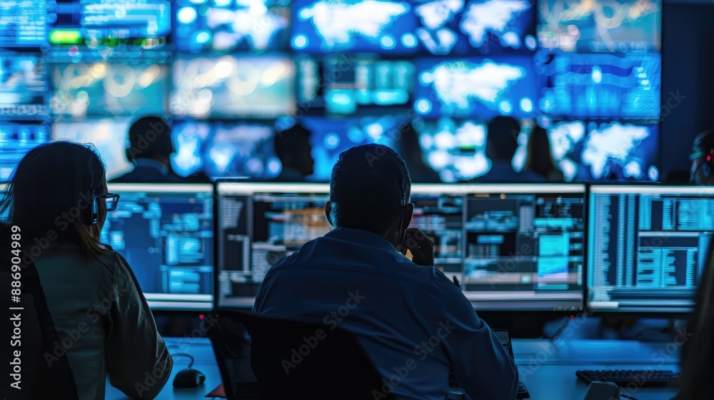 network operations center (NOC) with technicians monitoring network ...