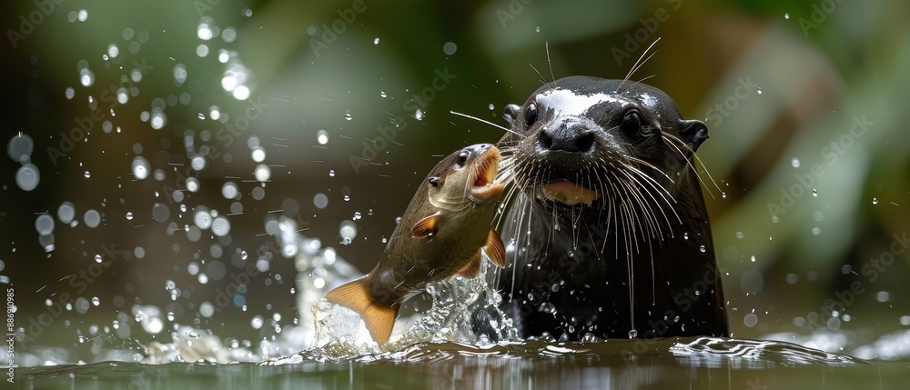 Majestic Giant River Otter Hunting Fish in Amazon River with Splash ...