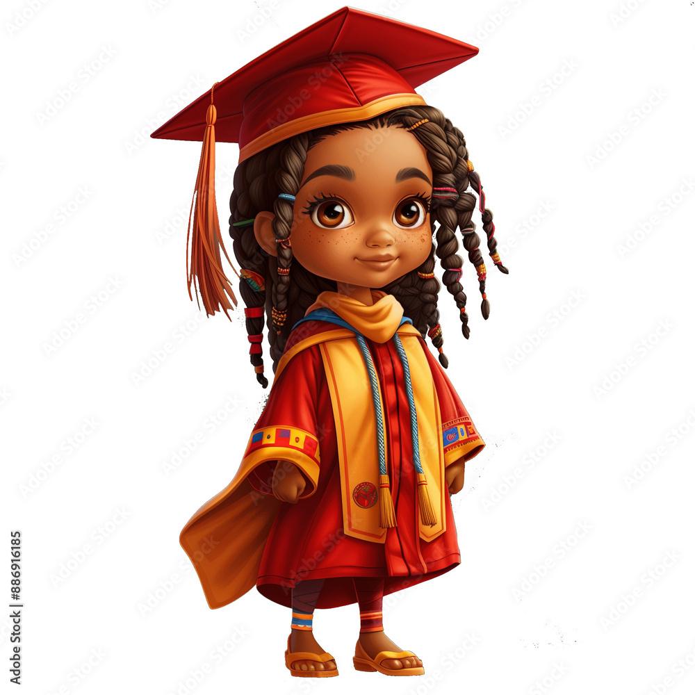 Cartoon African American Girl withBraids Wearing Red Graduation Cap and ...