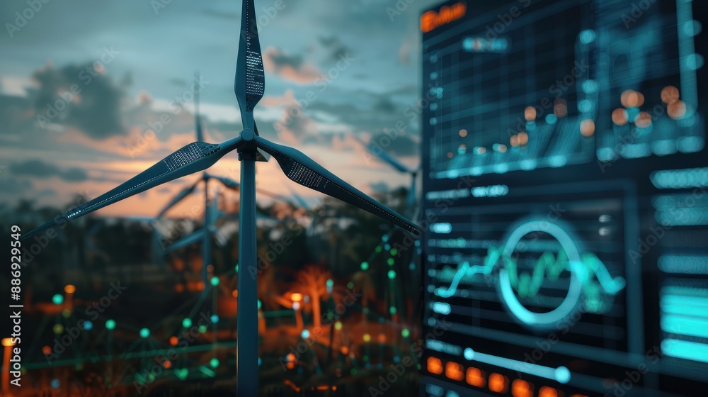 Wind turbine in focus with data analysis, charts, graphs, and diagrams ...