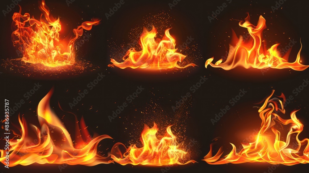 Burning fire flames isolated on transparent background. Set of glowing ...