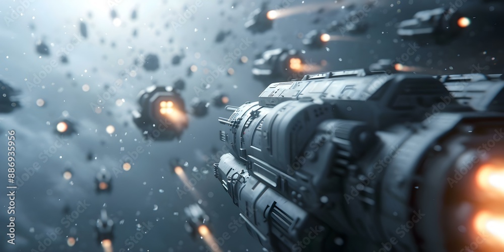 Scifi battle with soldiers mechs cyborgs and spaceships in space ...