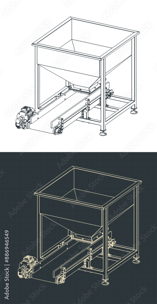 Technical drawings of feeding hopper with belt conveyor Stock Vector ...