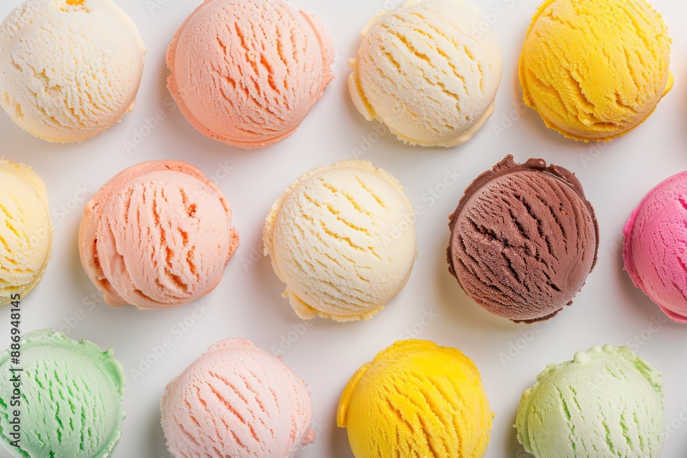 Vibrant top-down view of assorted gelato flavors in various colors ...