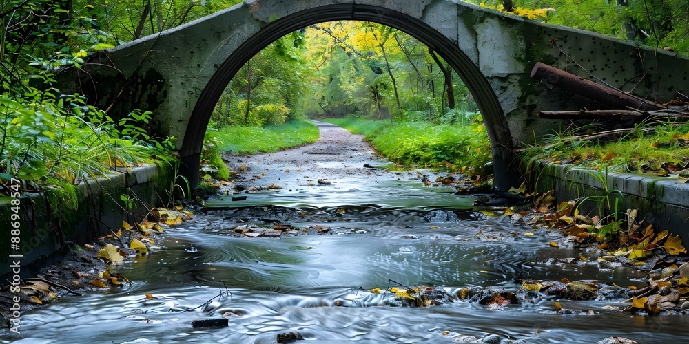Bridge over ditch with sewer pipes concrete stone paving and water ...