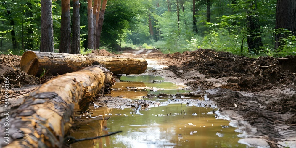 Visual of deforested area with water drainage ditch and felled logs ...