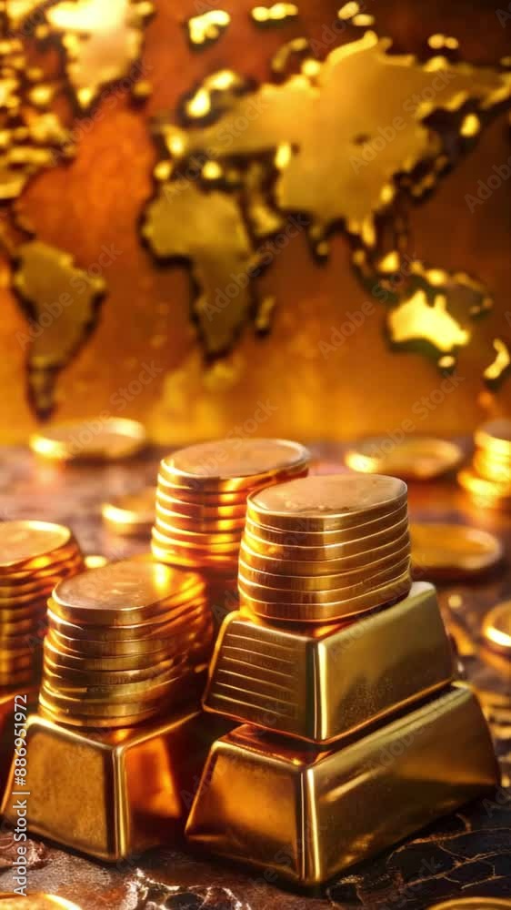gold coins and bars in bank vault, golden money texture, world map ...