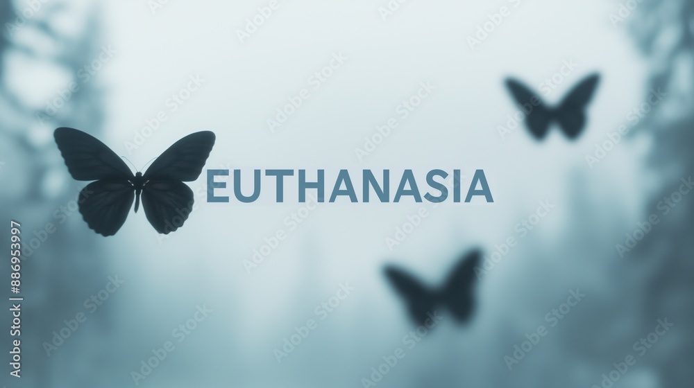 Word " euthanasia " surrounded by black butterflies in foggy forest ...