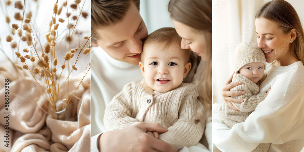 Young parents cuddling their adorable baby, cozy family moments, dried ...