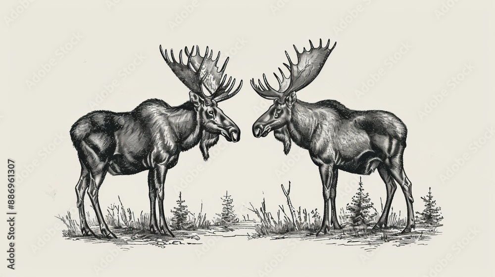 ภาพประกอบสต็อก Detailed black and white illustration of two large moose ...