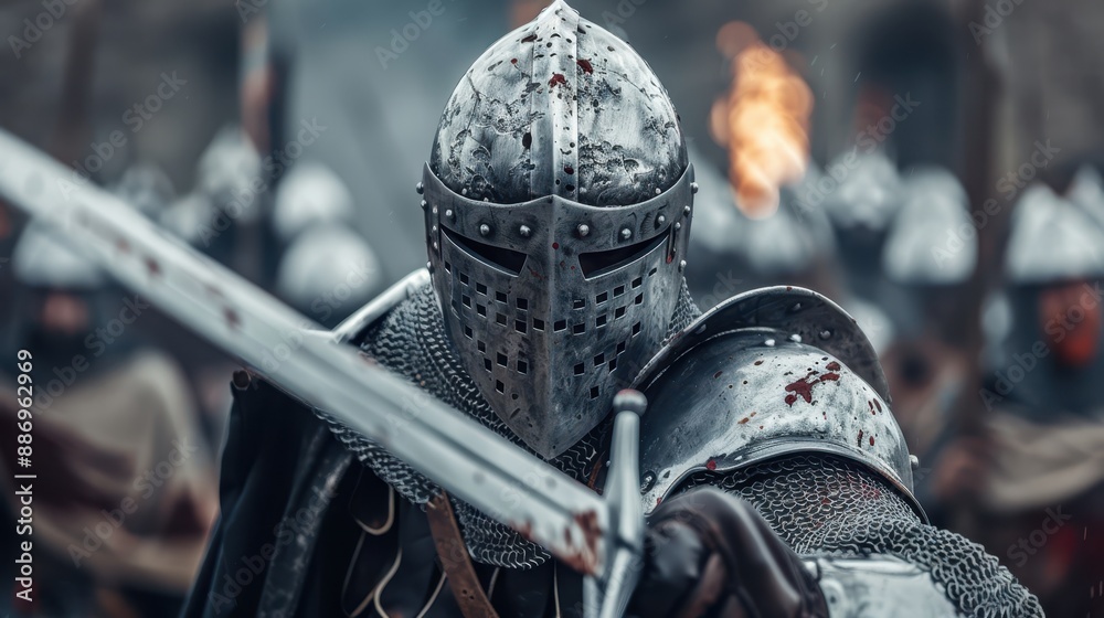 Medieval knight in full armor with sword, leading a charge in battle ...