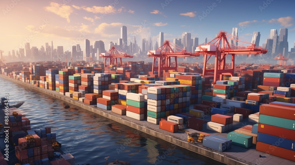 Rows of cargo containers rest atop massive container ships docked at an ...