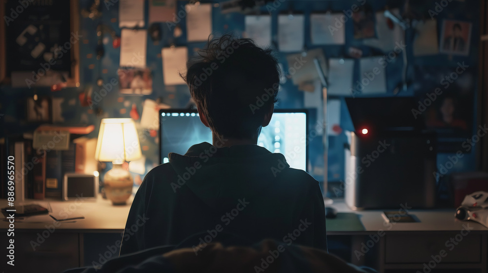 Back View of a Teen Boy Sitting In Front of a Computer Screen Stock ...